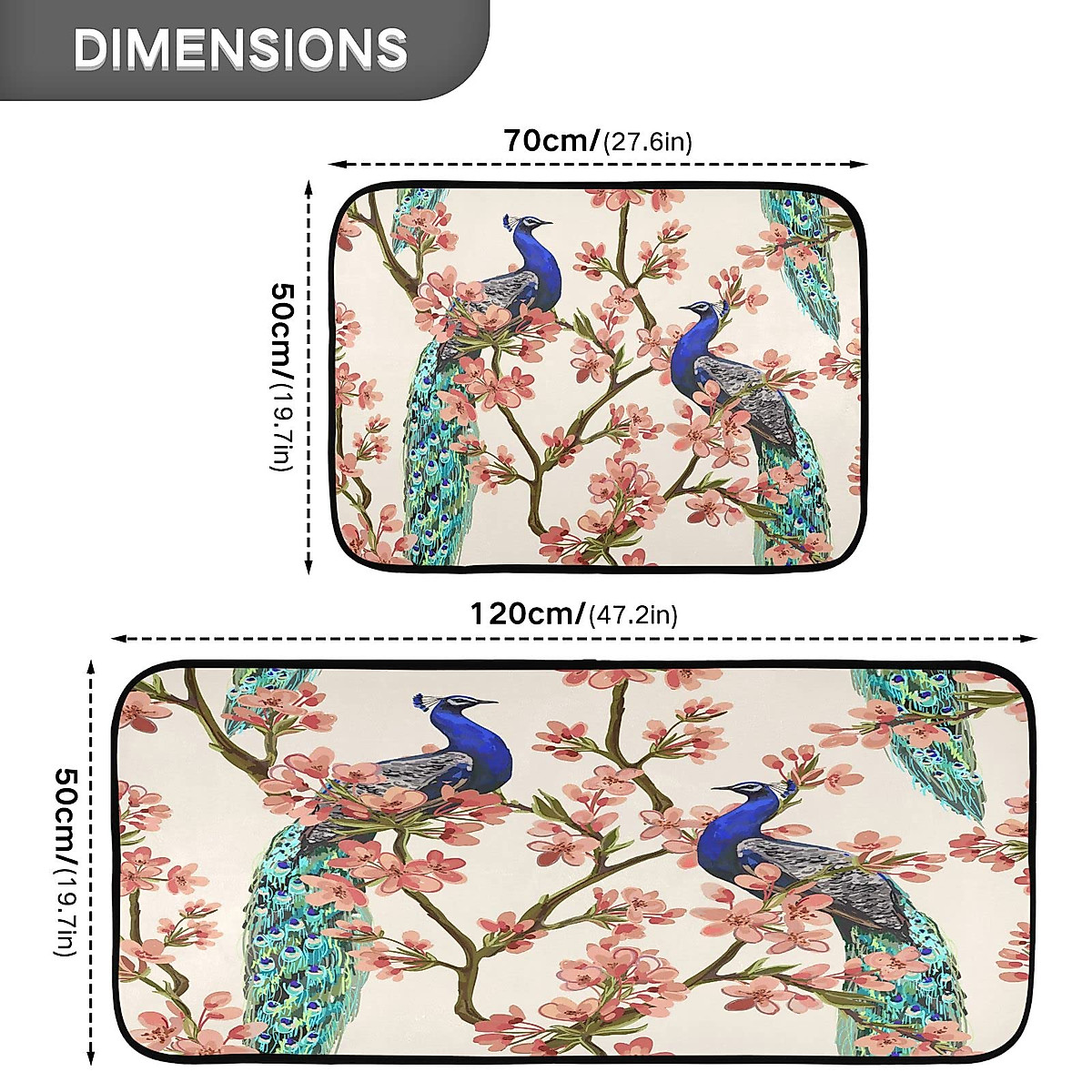 Peacock Flower Tree Kitchen Mat Set 2PCS, Super Absorbent Kitchen Rugs and Mats Non Slip Easy Clean Carpets Rugs for Kitchen Floor Sink Laundry Runner Area Rug Carpet