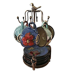 Creation Core Vintage Bronze Iron Coffee Cup Holder Storage Premium Rustic Tea Mug and Saucer Display Rack Holds 6 Cups