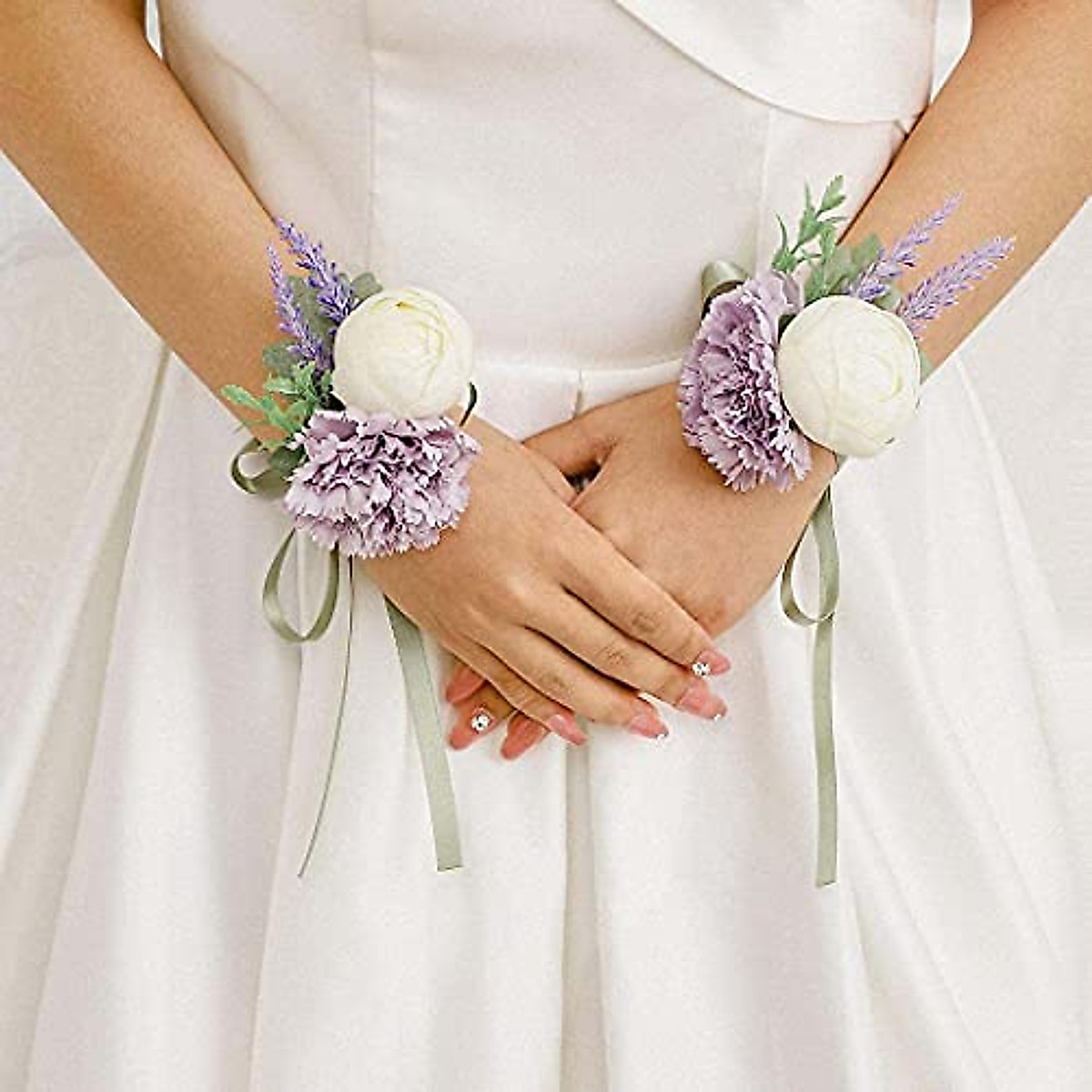 Campsis Set of 2 Wedding Bride Rose Flower Wrist Corsage White Handmade Leave Hand Flower Bride Bridal Bridesmaid Wristlet for Engagement Prom Party Beach Photography