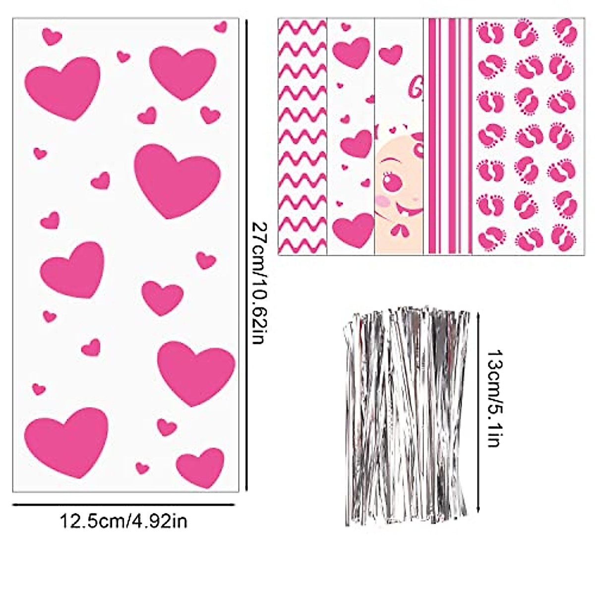 SULOLI Baby Shower Cellophane Bags,120pcs Pink Candy Goodie Bags Gender Reveal Treat Bags with 150 Twist for Baby Shower Party Favor supplies