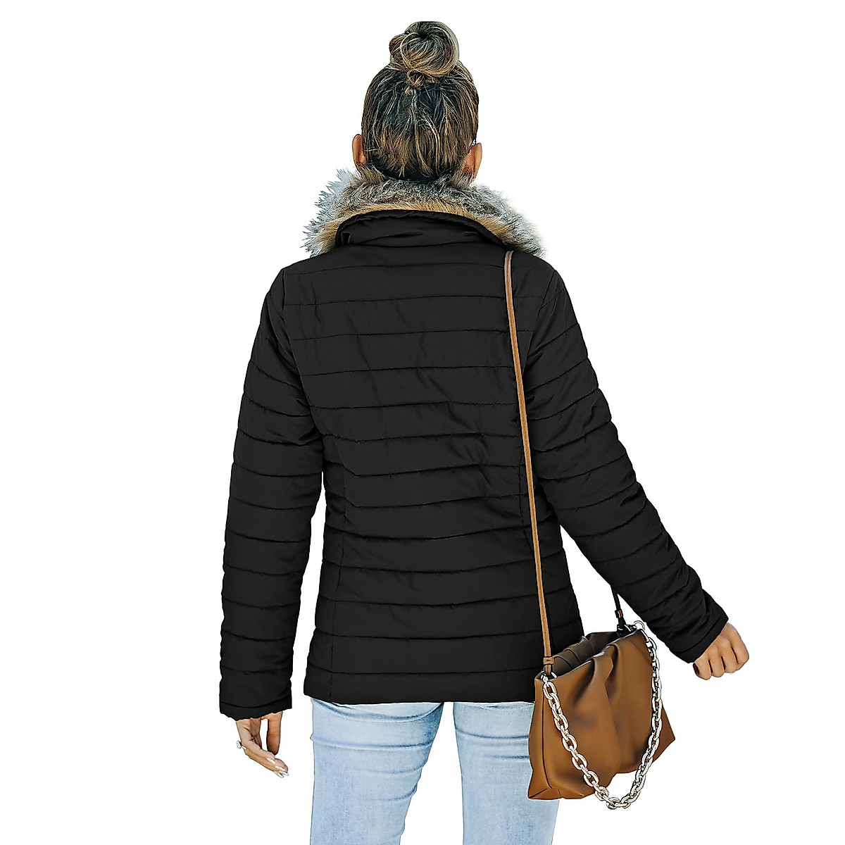 Vetinee Women Casual Faux Fur Lapel Zip Pockets Quilted Parka Jacket Puffer Coat Coatigan for Women Black Medium (Fits US 8-US 10)