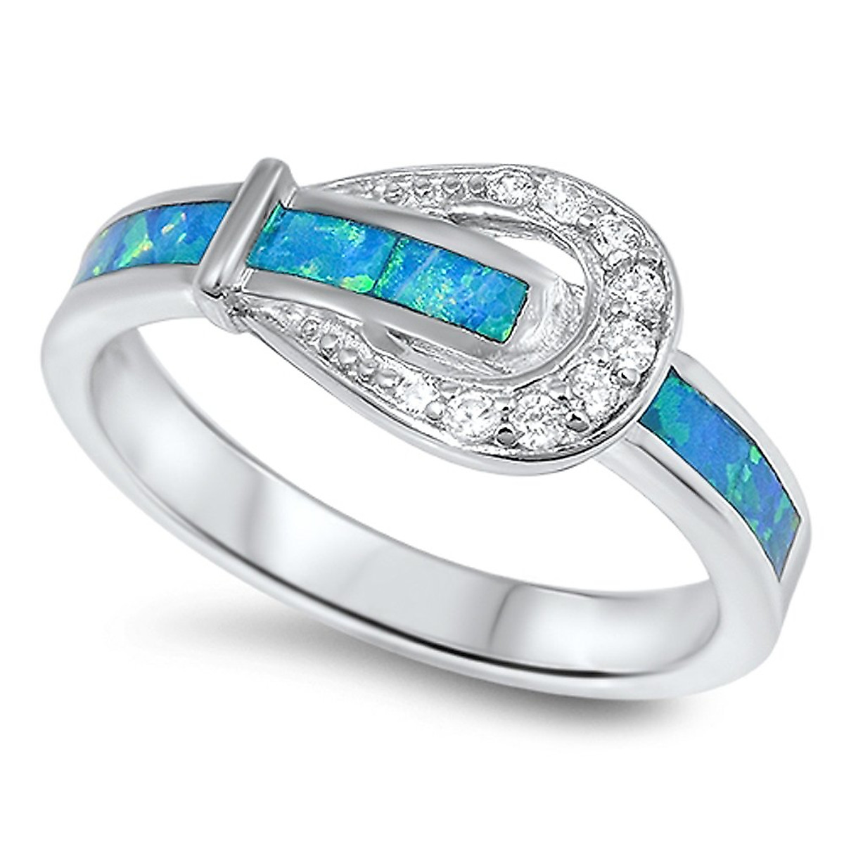 Belt Buckle Design Clear CZ Blue Simulated Opal Ring .925 Sterling Silver Size 6