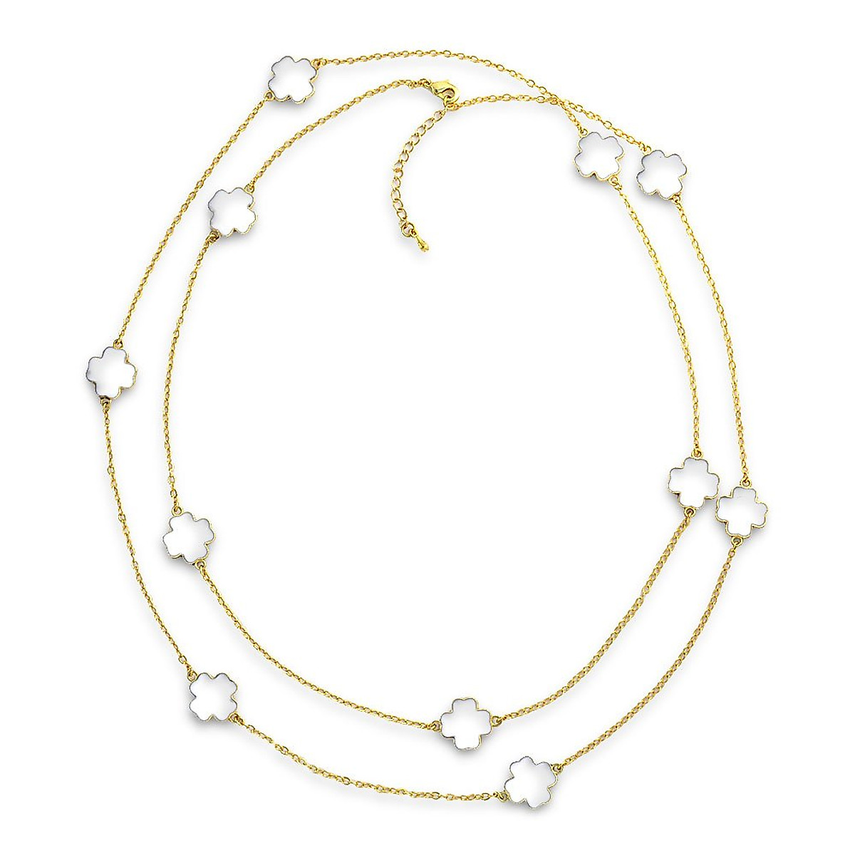 Bling Jewelry White Flower Long Silver Plated Pearlized Enamel Station Chain Wrap Layer Clover Necklace For Women 40 Inch