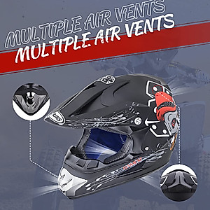 OUMURS Adult Dirt Bike Helmet with Goggles Gloves & Mask Adjustable Sun Visor DOT/FMVSS-218 Motorcycle Adult ATV Helmet Off-Road Motocross Downhill Moped MX for Unisex-Adult-New Black Skull, L