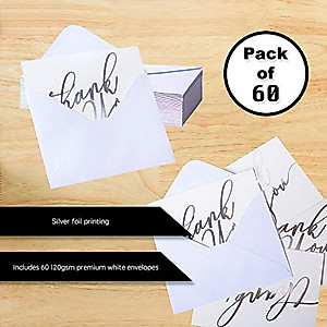 60 Pack Silver Thank You Cards -Elegant Greeting Cards With ‘’Thank you’’ Embossed In Silver Letters -Baby Shower, Bridal, Wedding Thank You Cards -Include 60 Envelope - 3.75'' x 5'' inch