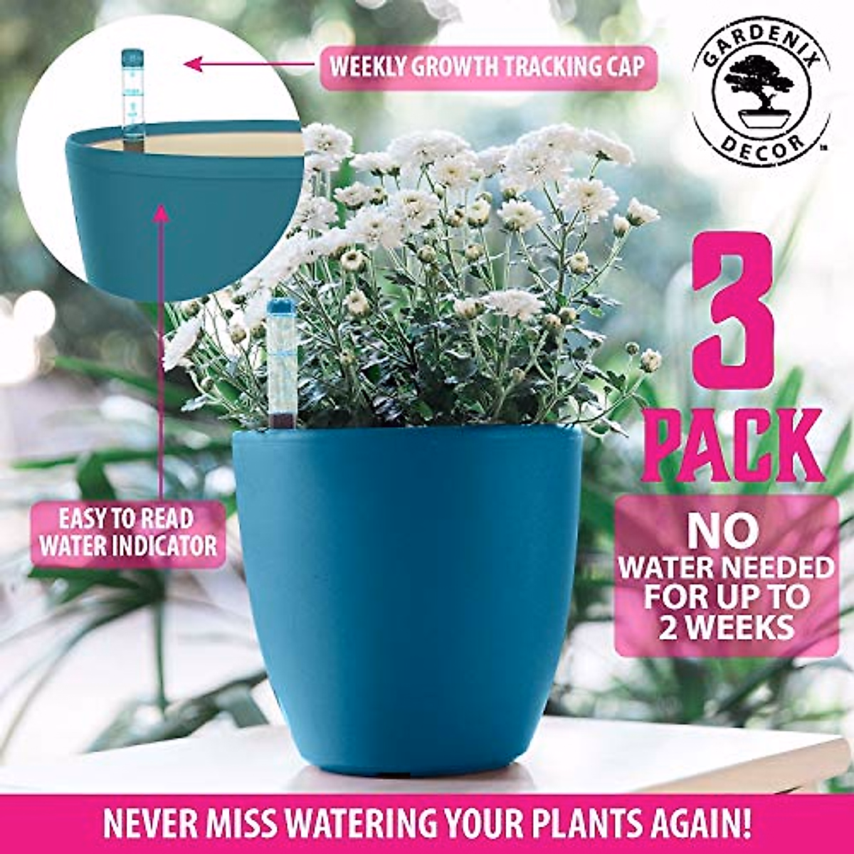 GARDENIX DECOR 7'' Self Watering planters for Indoor Plants - Flower Pot with Water Level Indicator for Plants, Grow Tracking Tool - Self Watering Planter Plant Pot - Coco Coir - Teal 3 Pack