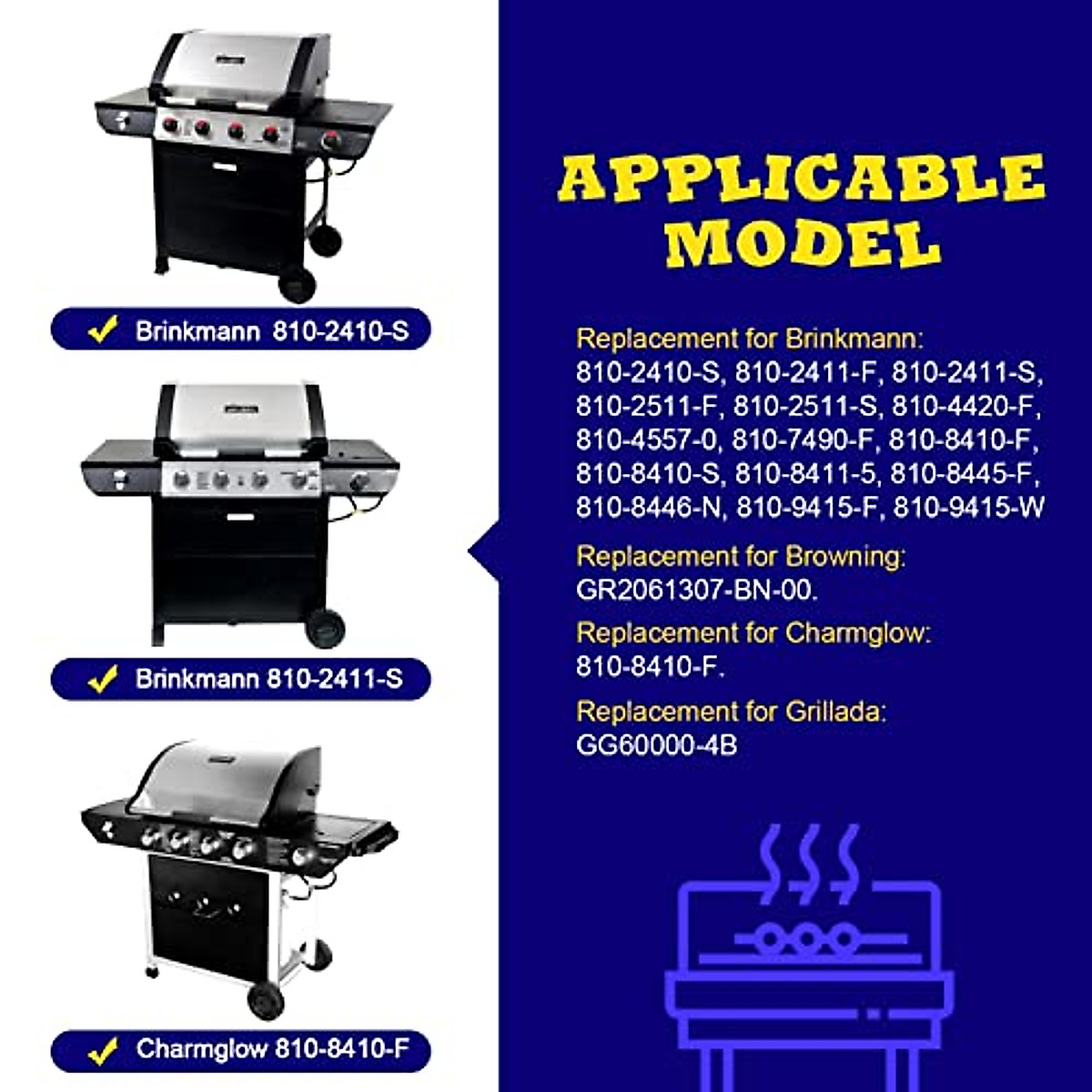 GGC Grill Grates Replacement for Brinkmann 810-8410-F, 810-2410-S, 810-2511-S, 810-2512-S, 810-8411-5, 810-9415-W and Others, 3 PCS Porcelain Coated Cast Iron Cooking Grate(17 3/4" x 8 15/16")