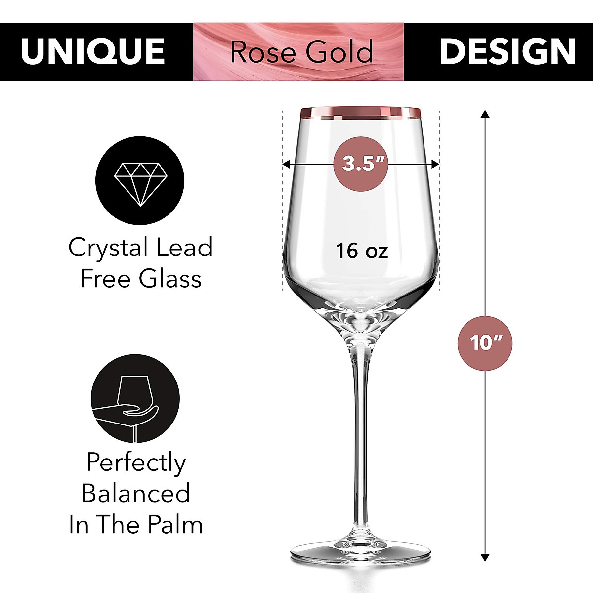 Phnx Phyr Hand Blown Crystal Rose Gold Wine Glasses set 2 - Stem wine glass set - Long Stem wine glasses - Red wine glasses set of 2 - Large white wine glass - Stemmed wine glasses - Gift packaging