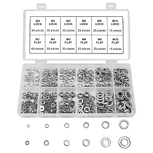 Split Lock and Flat Washer Assortment Set 304 Stainless Steel 400 Piece Silver, M3 M4 M5 M6 M8 M10 (Silver)