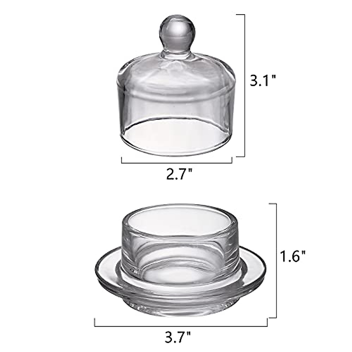 Dicunoy 2 Pack Glass Butter Dishes, Small Round Butter Keeper with Dome Lid and Handle, Clear Butter Serving Container with Cover, Round Crystal Mini Butter Cloche for Candy, Dessert, Parfait, Jam