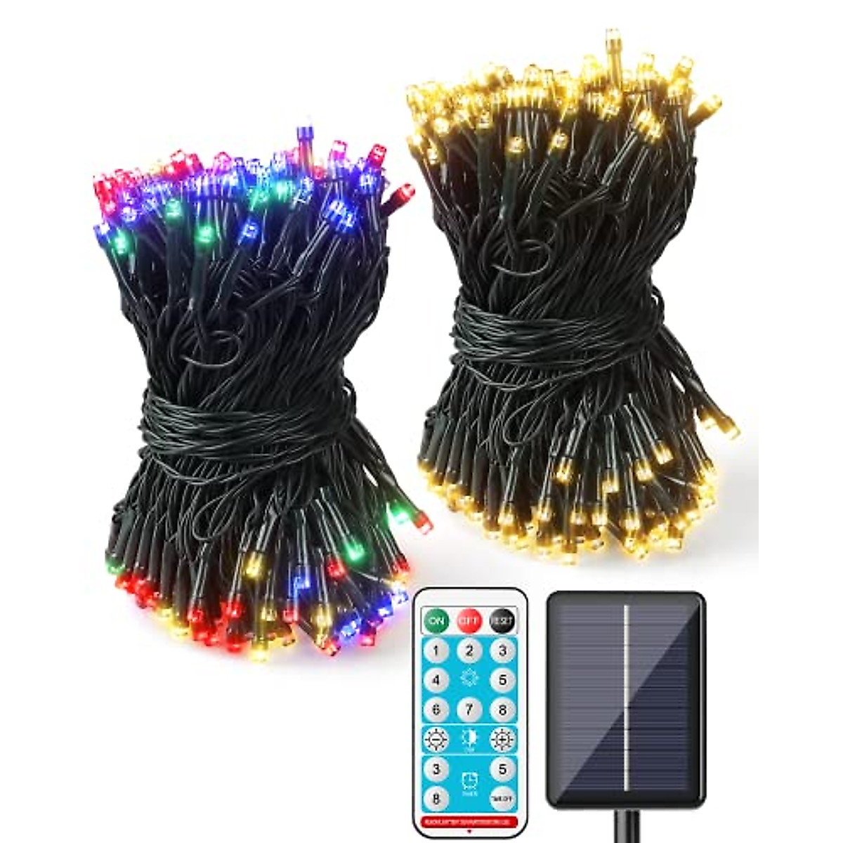 Acina 2 Pack Each 250 LED 85FT 8Modes Solar Powered String Lights Outdoor Waterproof, Solar Christmas Tree Lights Green Wire for Birthday Party Wedding Garden Patio Yard(Warm White & Multiple Colors)