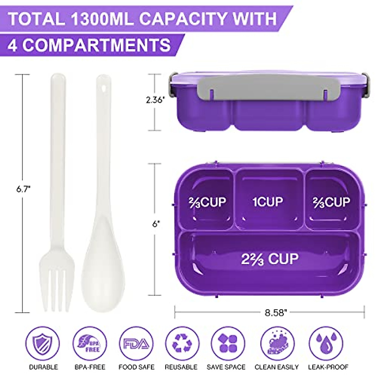 XIANKE 27Pcs Bento Box Lunch Box Kit Purple, 1300ML Lunch Container for Kids/Adults, Durable Leak-proof Box 4 Compartments with Spoon Fork Bag Accessories, Microwave Dishwasher Freezer Safe,BPA-Free