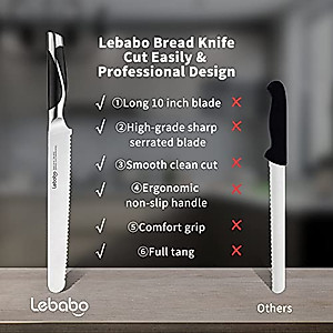 Lebabo 10 Inch Serrated Bread Knife, Professional Cake Knife, German High-Carbon Steel Bread Cutters, Wide Wavy Edge Bagel Knives, Ergonomic Handle with Wooden Gift Box