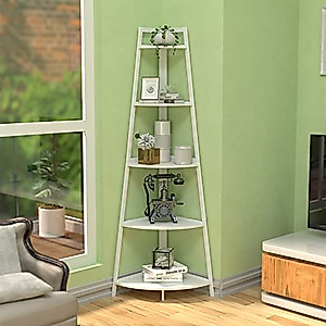 WTZ Corner Shelf, 5 Tier Bookshelf, 70.8 Inch Tall Bookcase, Open Ladder Book Case, Modern Bamboo Corner Storage Bookshelf Stand in Living Room, Bedroom, Office, Kitchen, White