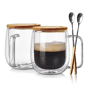 Mugs 12 oz Glass Espresso Cup with Lids Spoon - Double Wall Insulated Clear Coffee Mugs With Handle & Suspended Base Design - Thick Expresso Coffee Cups For Americano, Lattes, Tea (Set of 2,Gift Box)