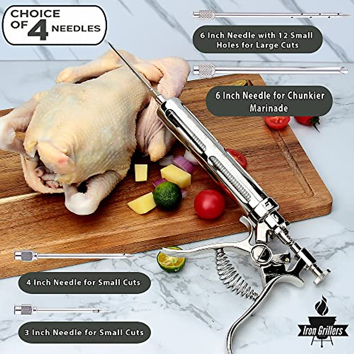 Iron Grillers Meat Injector Gun for Smoking & Grilling, Large 2 Oz Glass Syringe for Cooking BBQ, Brisket, Turkey & More - Inject Marinade or Seasoning for Tender Flavor! - Automatic Professional Kit