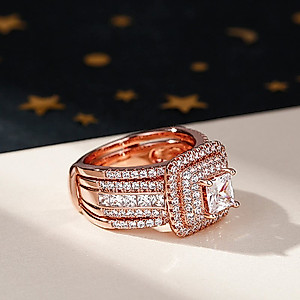 Jeulia 3 PC Enhancer Ring Set for Women 925 Sterling Silver Princess Cut Diamond Engagement Rings Cubic Zirconia Halo Solitaire Wedding Rings Anniversary Promise Rings for Her with Jewelry Box (Rose Gold, 6.5)