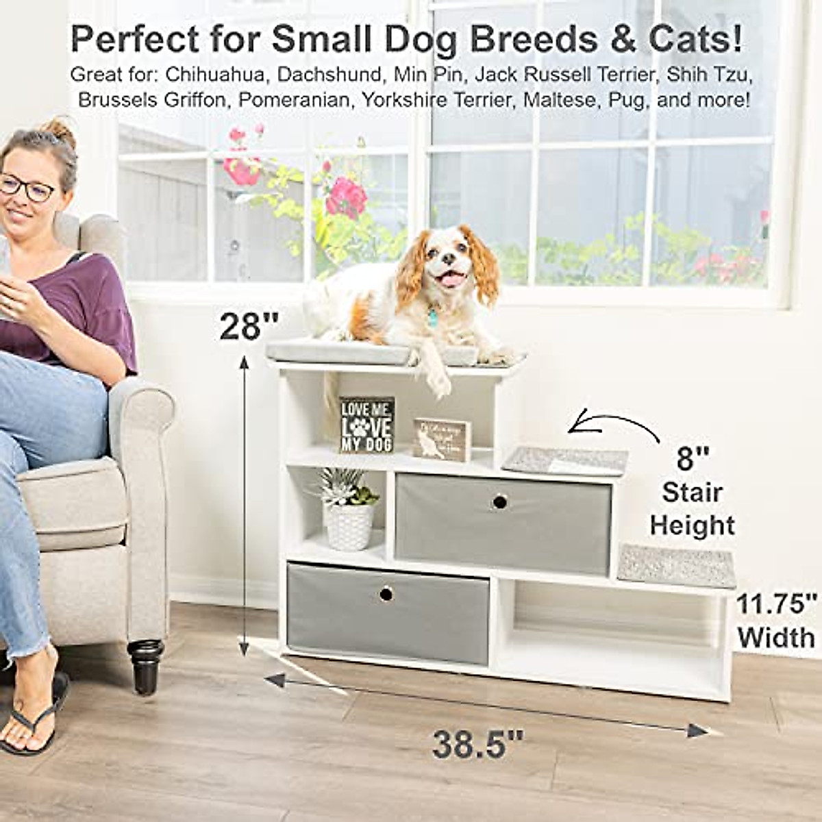 PetFusion Pet Step Window Perch Bookshelf w/ Storage Baskets |28” Tall Dog & Cat Perch, 8” Stair Height |Multi-Functional Modern Pet Furniture w/ Carpeted Step Pads & 1” Thick Premium Foam Perch Pad
