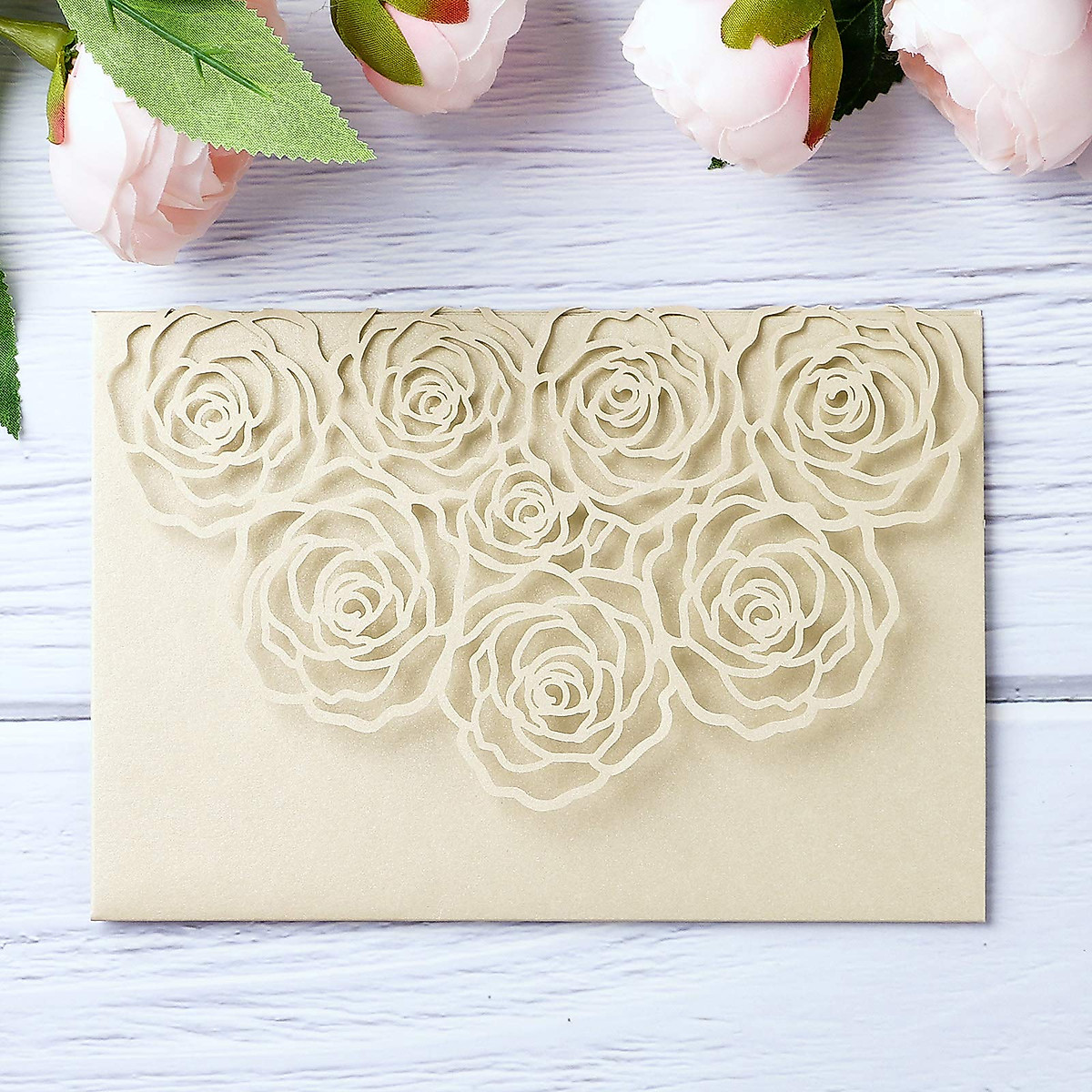 Rodvanvo 20 Pcs Laser Cut Wedding Invitations Card Pocket with Envelope for Birthday Party Baby or Bride Shower Invite suitable for 5 * 7 Inches Insert Paper (Champagne)