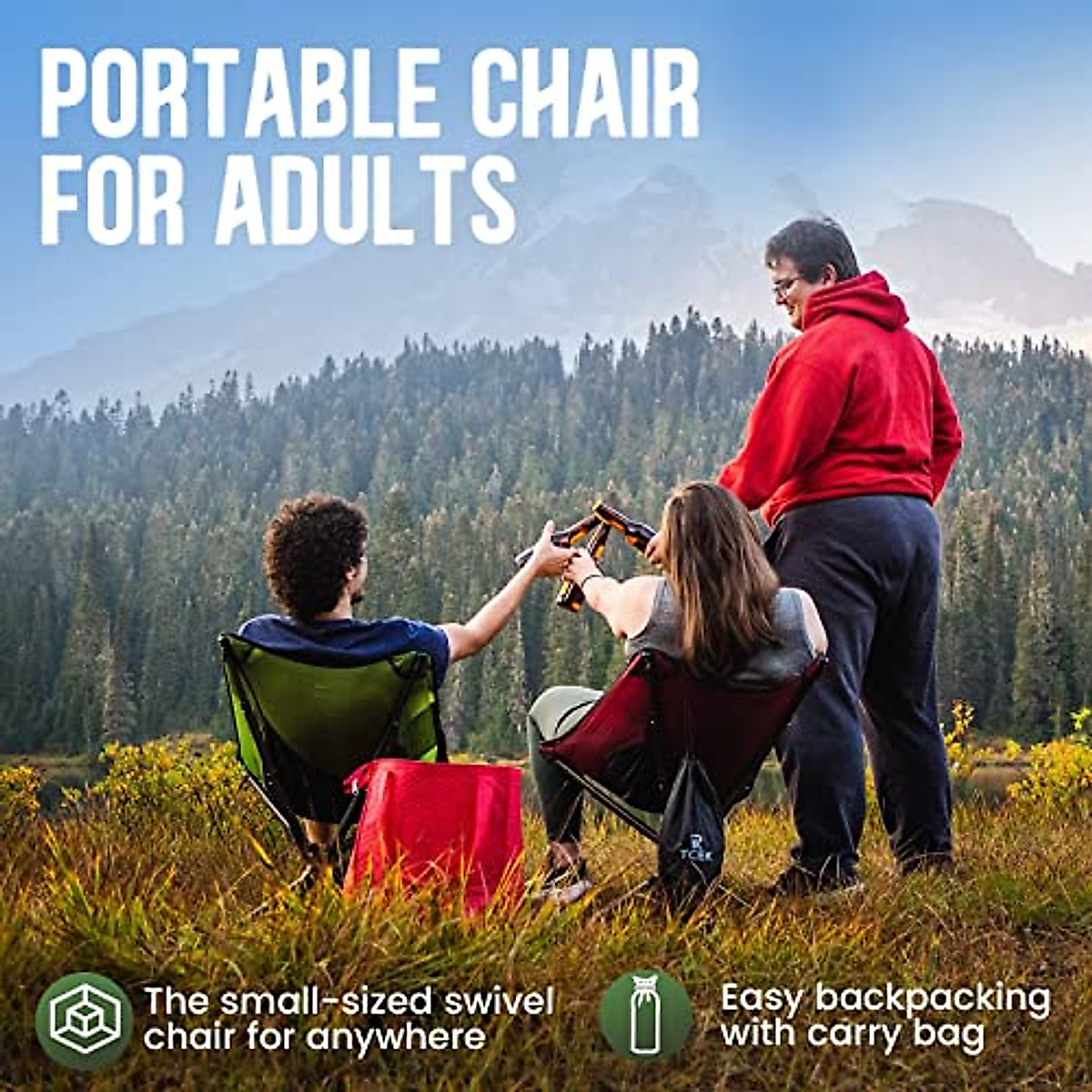 TCEK Swivel Portable Chair Camping Chairs - Small Compact Portable Chair for Adults That Setup in 8 Seconds, Lightweight Outdoor Folding Chair for Camping, Backpacking, Hiking, Beach, Support 300 LBS