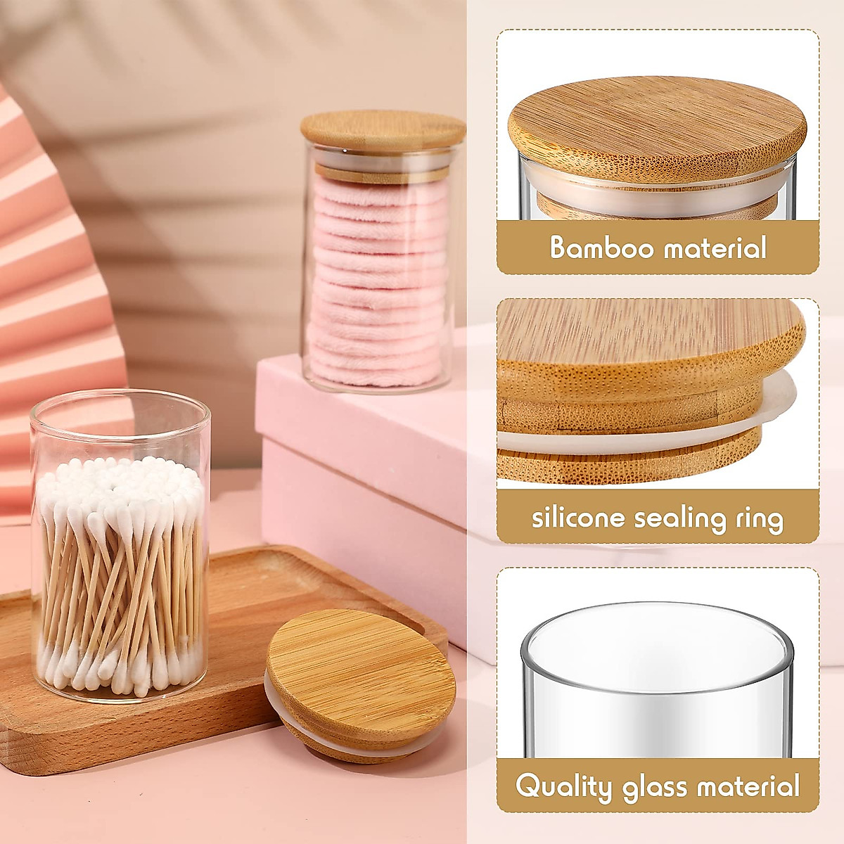 Irenare 6 Pack Glass Apothecary Jars with Lids Bamboo Bathroom Accessories Cotton Balls Pads Swabs Holder Jar Bathroom Canisters for Vanity Accessories Storage