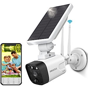 OOSSXX Solar Security Camera Outdoor Wireless Solar Powered Wireless Camera with Rechargeable Battery, WiFi Home Surveillance Camera 4.0MP with Two Way Audio