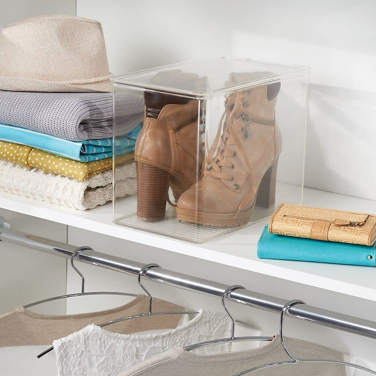mDesign Stackable Plastic Closet Storage Container Shoebox with Hinge Lid - Individual Transparent Storage Organizer Containers for Shoes - Ligne Collection, Clear