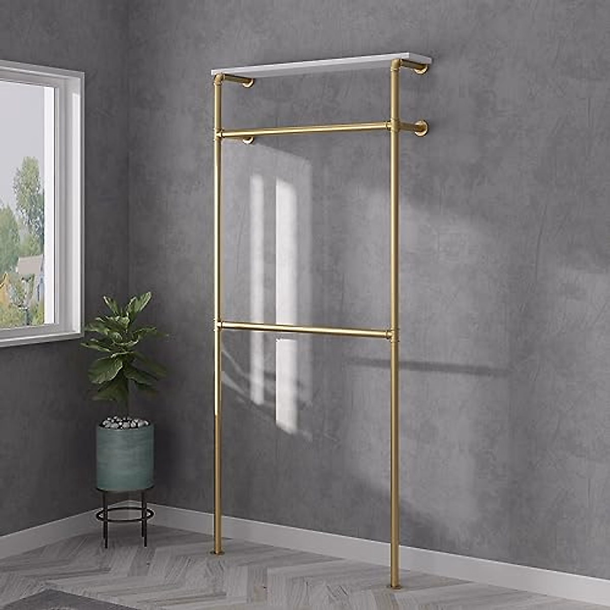 LANJIN Industrial Pipe Clothing Rack,Clothes Rack for Wardrobe, Bedroom and As Walk-in Closet System.Sturdy Clothing Racks for Hanging Clothes,Wall Mounted Heavy Duty Clothes Rack,Gold A