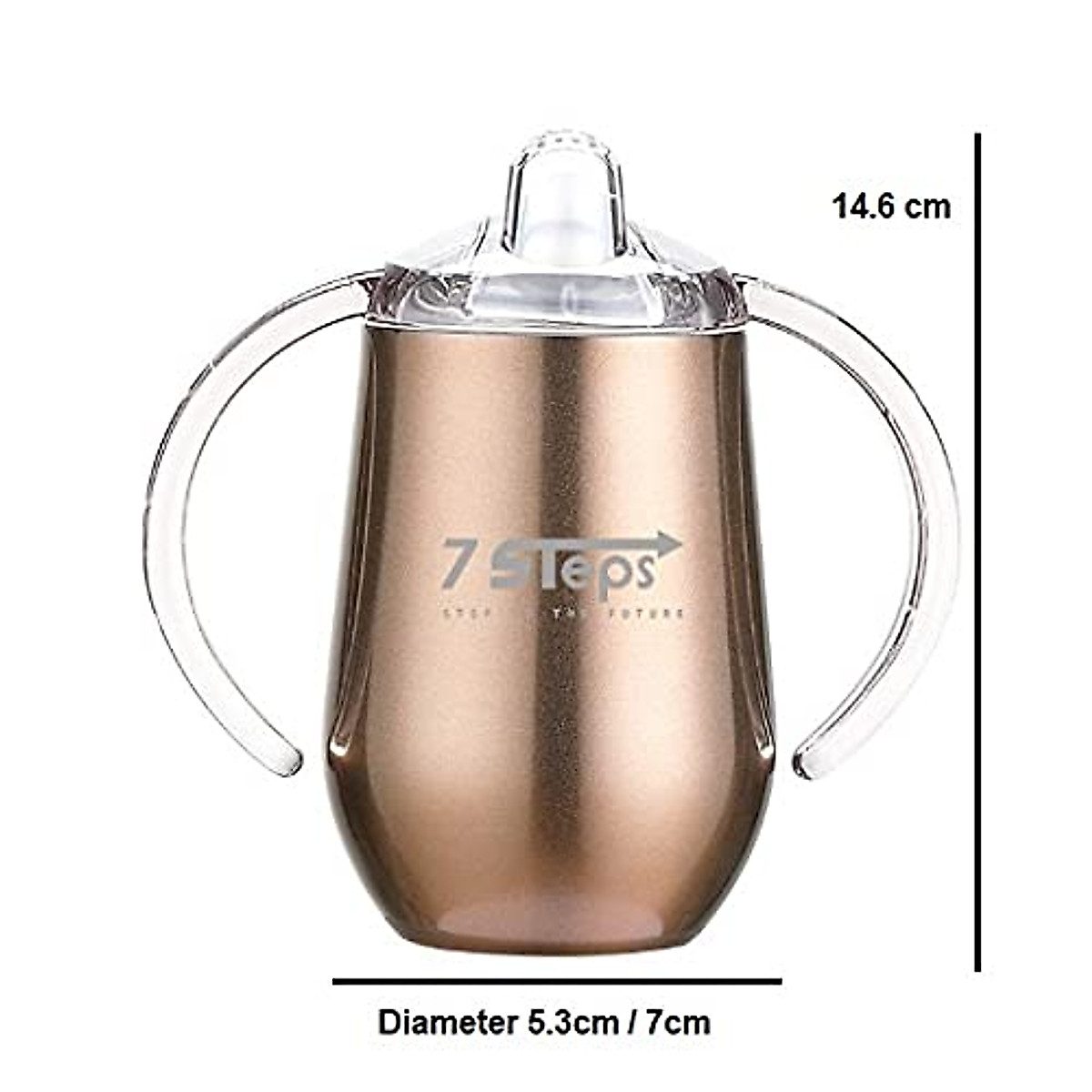 7 Steps - 10 Oz Stainless Steel Baby Children Kids Sippy Cup Tumbler - Double Wall - Vacuum Insulated - BPA Free - No Leak - No Spill (Gold)