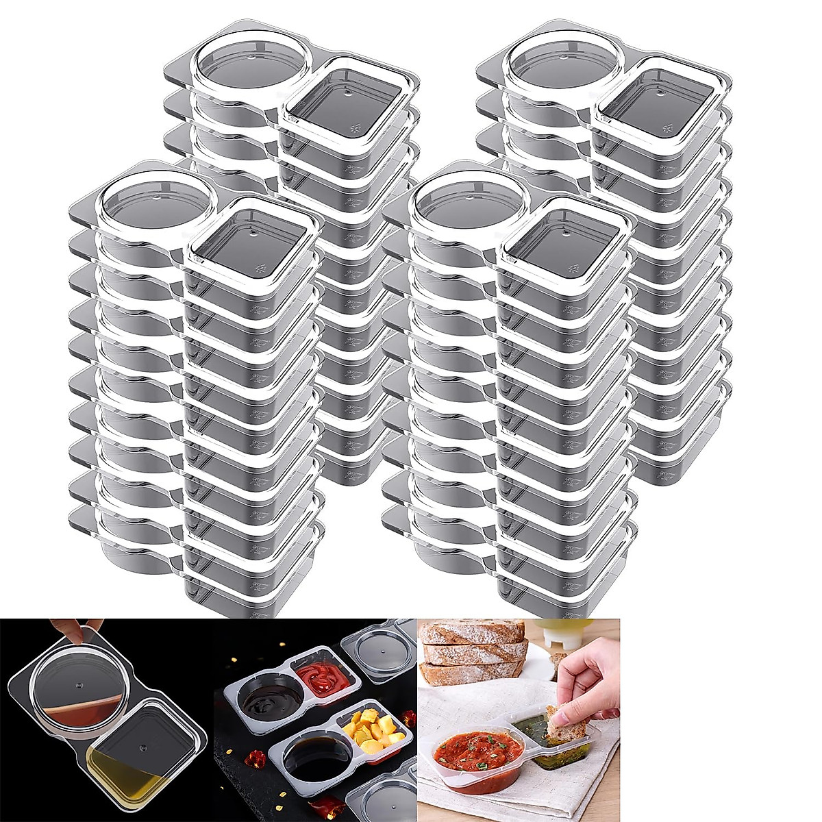 TAOceeXI 40PCS Double Compartment Condiment Container, 2 Compartment Snack Containers for Condiments or Dips, Double Condiment Containers with Lids, Double Compartment Snack Containers