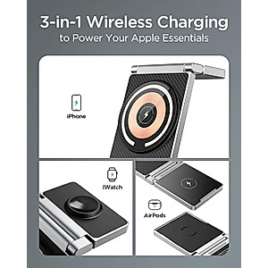 Magnetic Charging Station,Hohosb 3 in 1 Foldable Zinc Alloy Wireless Charger Stand[Compatible with Magsafe Charger] for iPhone 15/14/13/12 Series, AirPods Pro/3/2,Apple Watch/iWatch-Black