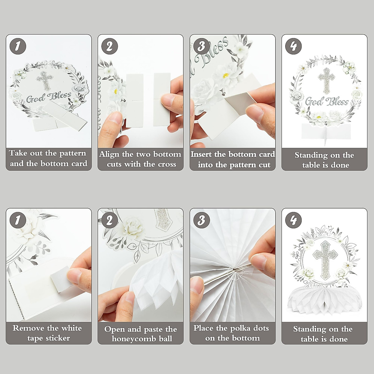 ANGOLIO White Sliver Floral Honeycomb Centerpieces - 12Pcs God Bless Table Decor Honeycomb Cross Centerpieces Baptism Religious Party Table Toppers for Bible Baby Shower Birthday Party Decor Supplies