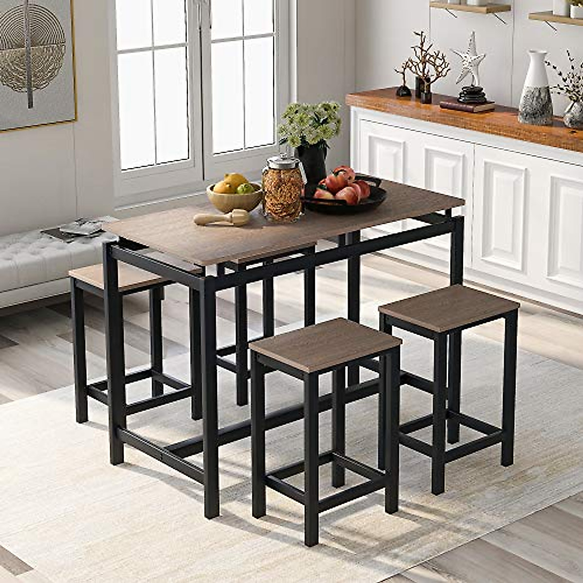 WOZNLA Room 5-Piece Industrial Counter Height Dining Set-Rustic Rectangular Table and Chairs for Kitchen-Perfect for Family Dinners and Gatherings, Dark Brown