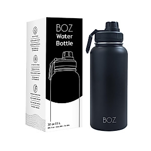 BOZ Stainless Steel Water Bottle XL (1 L / 32oz) Wide Mouth, BPA Free, Vacuum Double Wall Insulated (Matte Black)