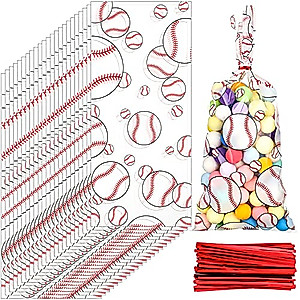 Outus 100 Pieces Baseball Party Treat Bags Baseball Candy Bags Baseball Cellophane Bags Baseball Goodie Bags Sports Treat Bags with 150 Pieces Red Twist Ties for Baseball Party Favors