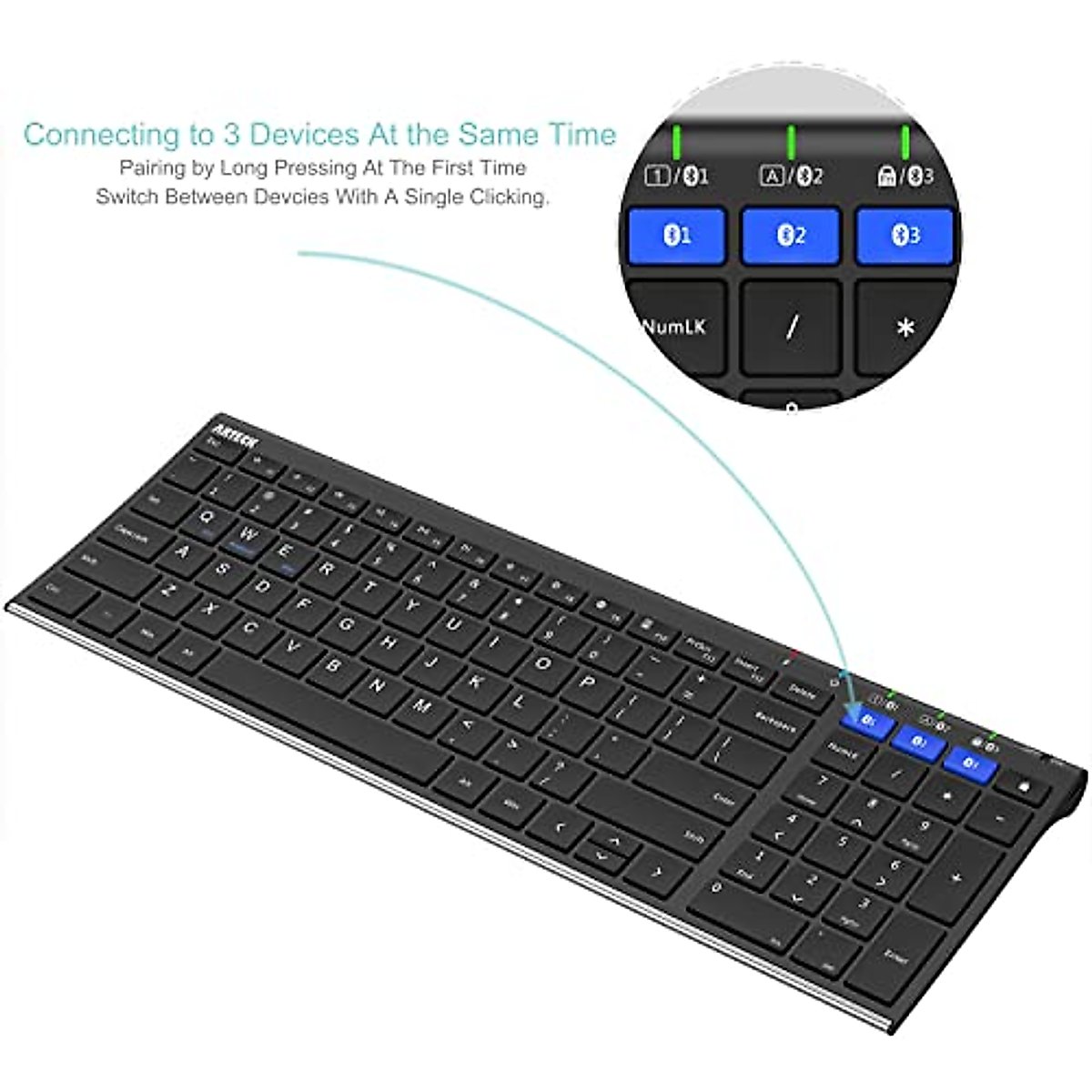 Arteck HB193 Universal Bluetooth Keyboard Multi-Device Stainless Steel Full Size Wireless Keyboard for Windows, iOS, Android, Computer Desktop Laptop Surface Tablet Smartphone Rechargeable Battery