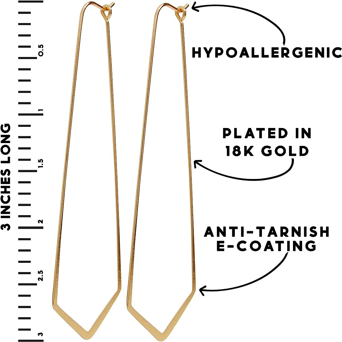 Humble Chic Geometric Chevron Threader Hoop Earrings - Hypoallergenic Lightweight Cutout Thin Wire Drop Dangles, 18K Yellow - 3 inch