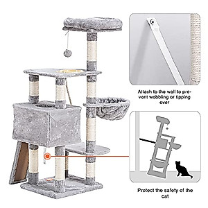 Heybly Cat Tree Cat Tower for Indoor Cats Multi-Level Cat Furniture Condo with Feeding Bowl and Scratching Board Light Gray HCT010W