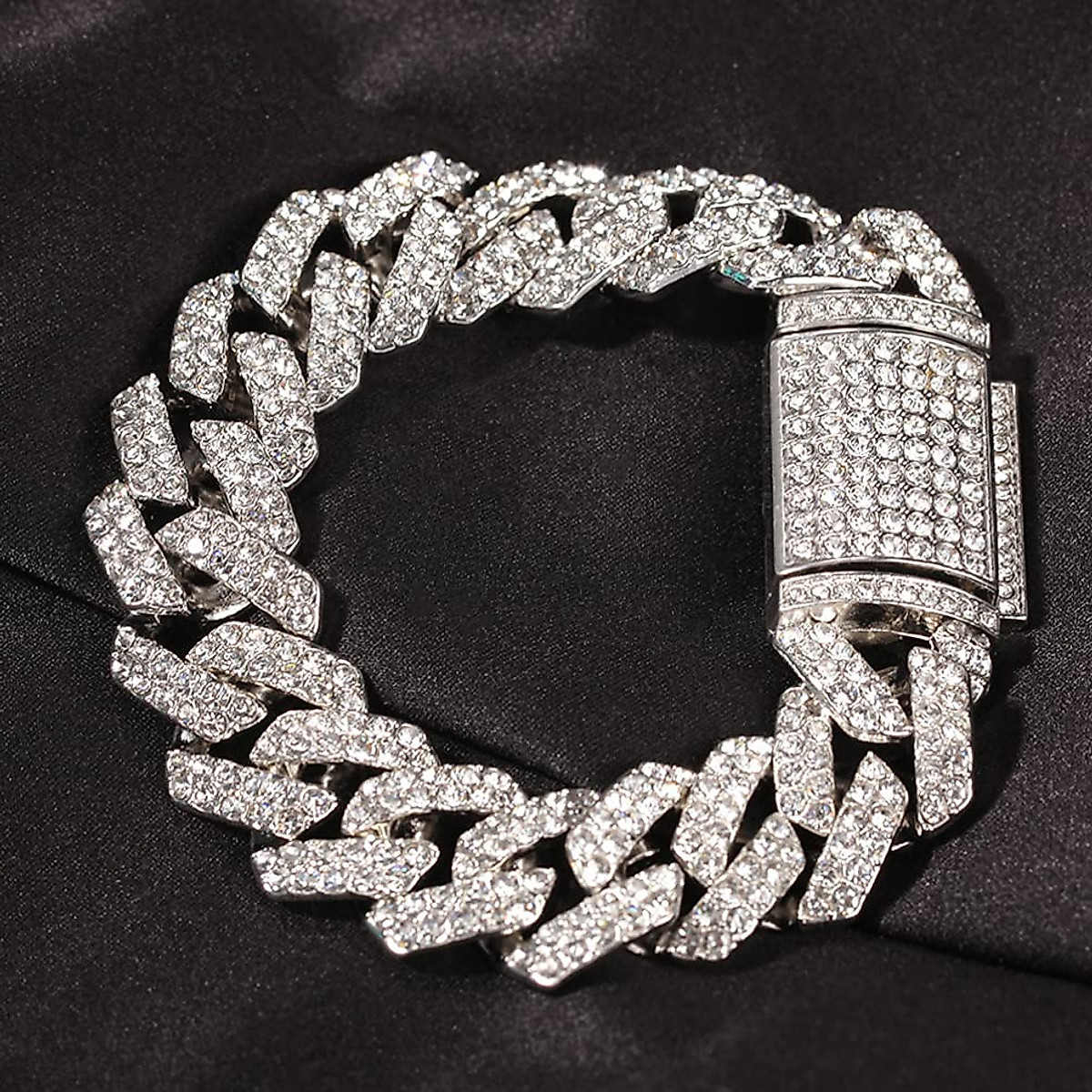 18mm Cuban Link Bracelet for Men Women, Bracelet Chain Curb Chain, Bling Rhinestone Bracelet Clasp Chain, Hip Hop Jewelry, Silver, 18x1.8cm (009316MNWRBR71MFV)