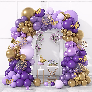 150Pcs Purple Balloon Garland Arch Kit, Butterfly Dark Purple Gold Lavender Metallic Light Pastel lilac Confetti Balloons for Girl Princess Butterfly Birthday Baby Shower Wedding Party Decorations
