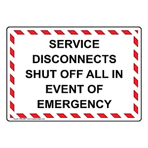 ComplianceSigns.com Service Disconnects Shut Off All in Event of Emergency Label Decal, 5x3.5 in. 4-Pack Vinyl for Electrical Emergency Response