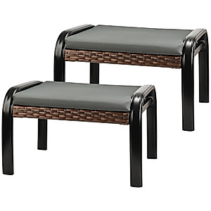 Deguifei Patio Footstool Ottoman Outdoor Foot Rest with Aluminum Frame Rattan Furniture Foot Stools Seat with Soft Cushion for Garden Yark 2 Set Brown