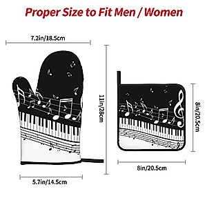 Piano Keys with Musical Notes Printed Oven Mitt and Pot Holder Set, Washable Heat Resistant Oven Mitt for Kitchen Cooking Baking Grill