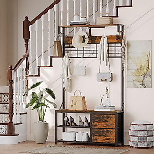 HOOBRO Hall Tree with Bench, 31.5" Coat Rack with Shoe Storage, 2 Fabric Drawers, Entryway Bench with Coat Rack, Coat and Shoe Rack for Entryway, 9 S-Shaped Hooks, Rustic Brown and Black BF08MT01