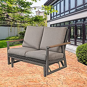 LOKATSE HOME Patio Glider Rocking Chair Outdoor 2 Person Bench Metal Swing Loveseat with Faux Wood Armrest, Wicker Backrest and Thick Cushion, Grey