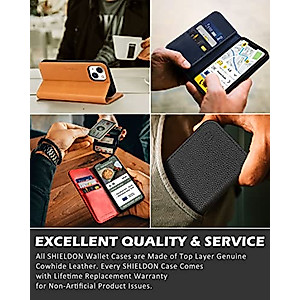 SHIELDON Case for iPhone 13 5G, Genuine Leather Durable Flip Wallet Kickstand RFID Blocking Credit Card Holder Magnetic Shockproof Protective Case Compatible with iPhone 13 (6.1" 2021 Release) - Brown