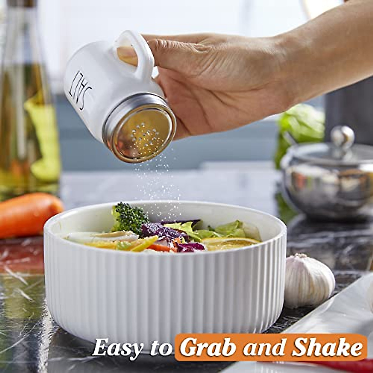 Salt and Pepper Shakers Set, Bivvclaz 4 oz Glass Black White Salt Pepper Shaker Set with Stainless Steel Lid, Modern Kitchen Decor for Home Restaurants Wedding, Ideal Gift Choice