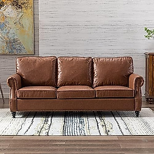 Dreamsir 79'' Traditional Faux Leather Sofa Couch with Nailhead Trim, Classic 3-Seater Couch with Rolled Arm for Living Room, Bedroom, Apartment, Easy Assembly (Coffee)