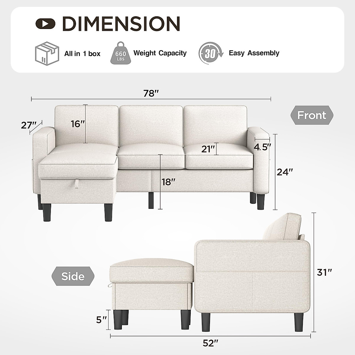 Yattem 78'' Convertible Sectional Sofa Couch：Beige L-Shaped Couches for Living Room with Reversible Chaise—3-Seat Modern Linen Sectional Couches for Living Room/Apartment/Studio/Small Space