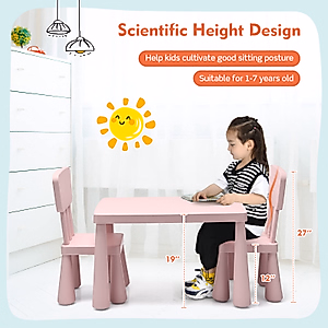 COSTWAY 3-Piece Kids Table and Chairs Set, Lightweight Plastic Children Activity Center for Reading, Writing, Painting, Snack Time, Kids Furniture Art Study Desk & Chairs Set for Ages 1-7 (Pink)